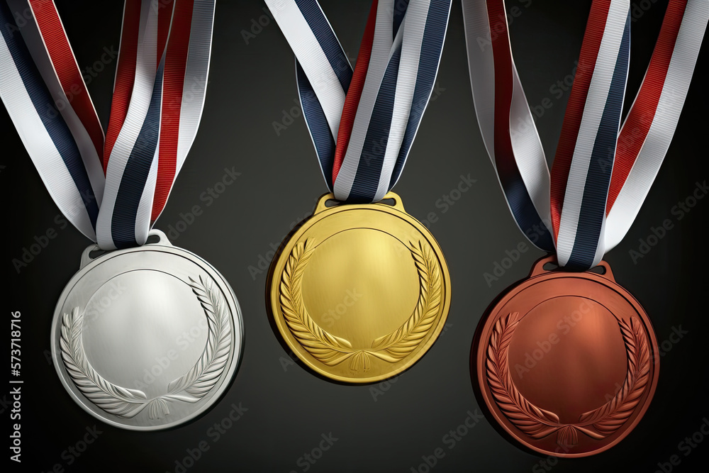Three medals. Gold, silver, bronze medals. 1st, 2nd, 3rd place ...
