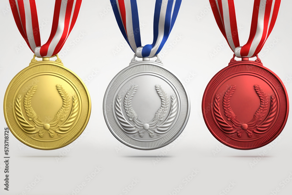 Three medals. Gold, silver, bronze medals. 1st, 2nd, 3rd place ...