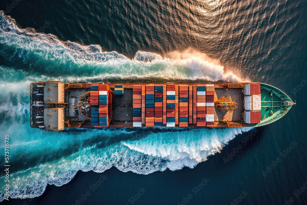 Container ship loaded carrying shipping containers in the middle of the ...