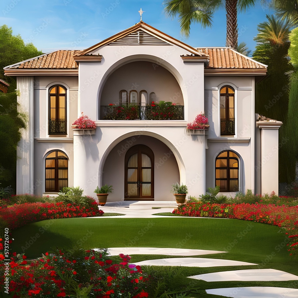 Image of a large neo-mediterranean house with a big front yard and a ...