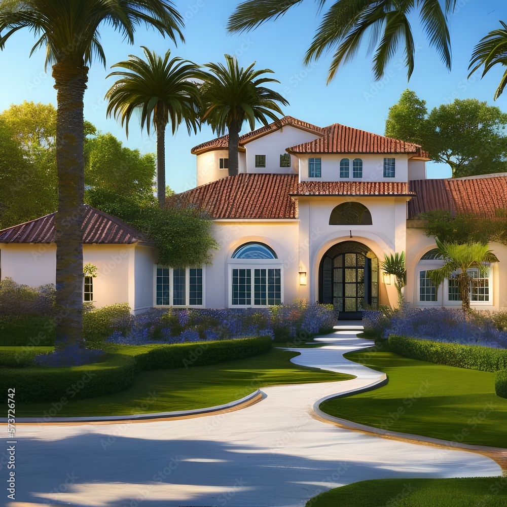 Image of a large neo-mediterranean house with a big front yard and a ...