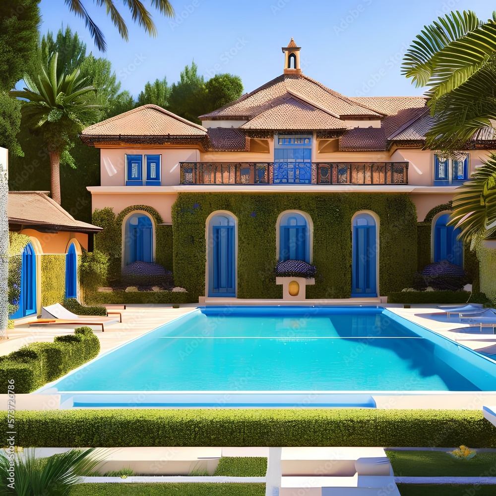 Image of a luxury neo-mediterranean style house with a swimming pool ...