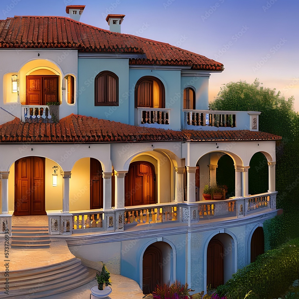 Image of a two-story neo-mediterranean house with a veranda and balcony ...