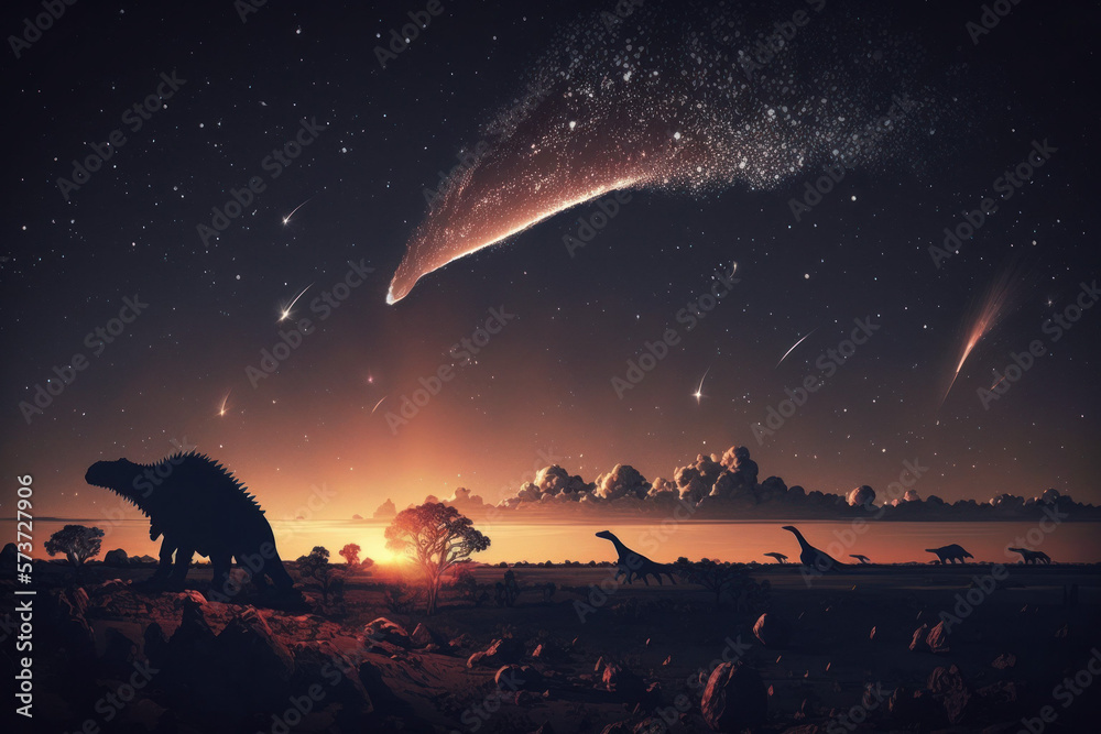 Ai artwork of the comet or meteorite that made the dinosaurs extinct flying into the atmosphere ...