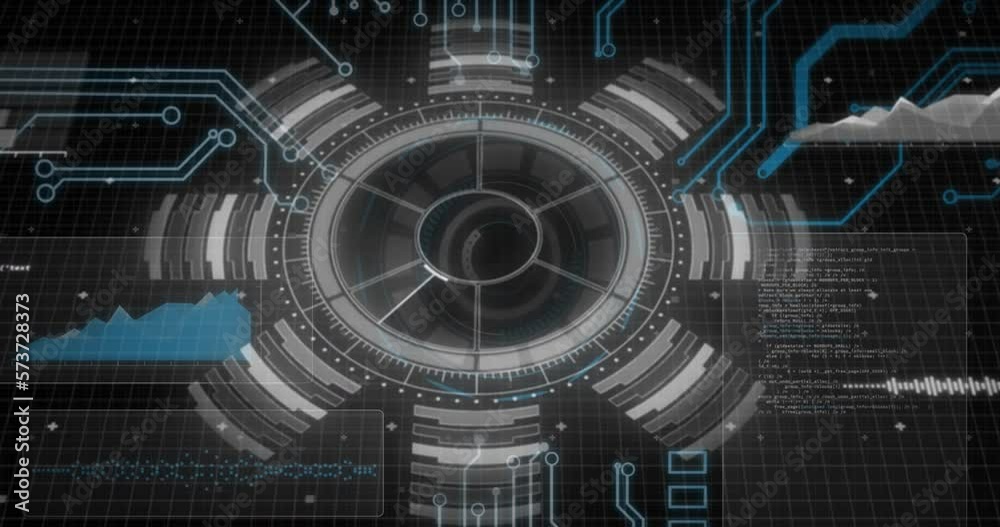 Animation of interface with round scanner, microprocessor connections and data processing Stock ...