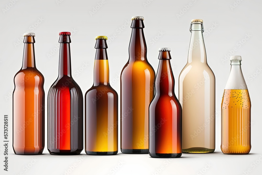 Empty beer bottles manufactured from several types of malt, laid out ...