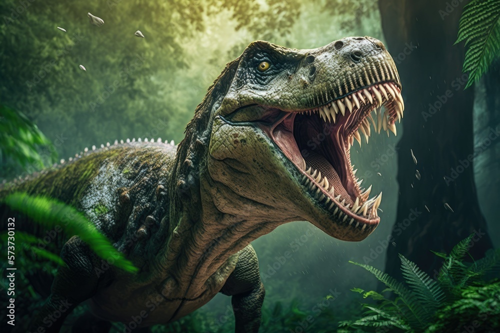 Tyrannosaurus rex, a Cretaceous dinosaur theropod, roars in a ...