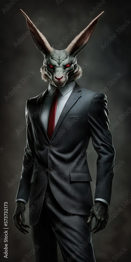 Anthro white rabbit, red eyes, evil face, black business suit ...