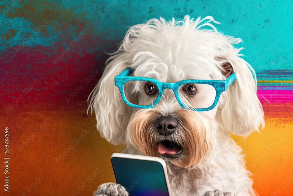 Shocked cute dog in glasses with open mouth looks at phone screen ...
