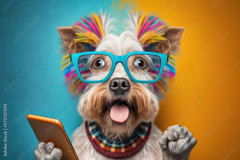 Shocked cute dog in glasses with open mouth looks at phone screen ...