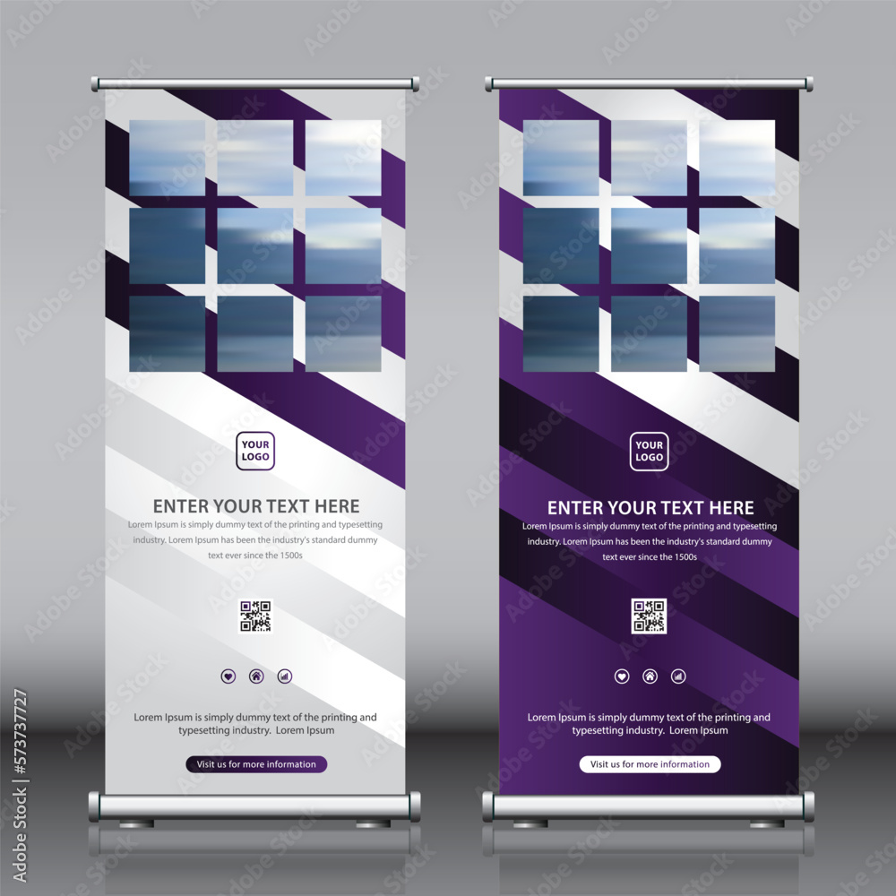 Roll up banner design with purple and white color patterns and image ...