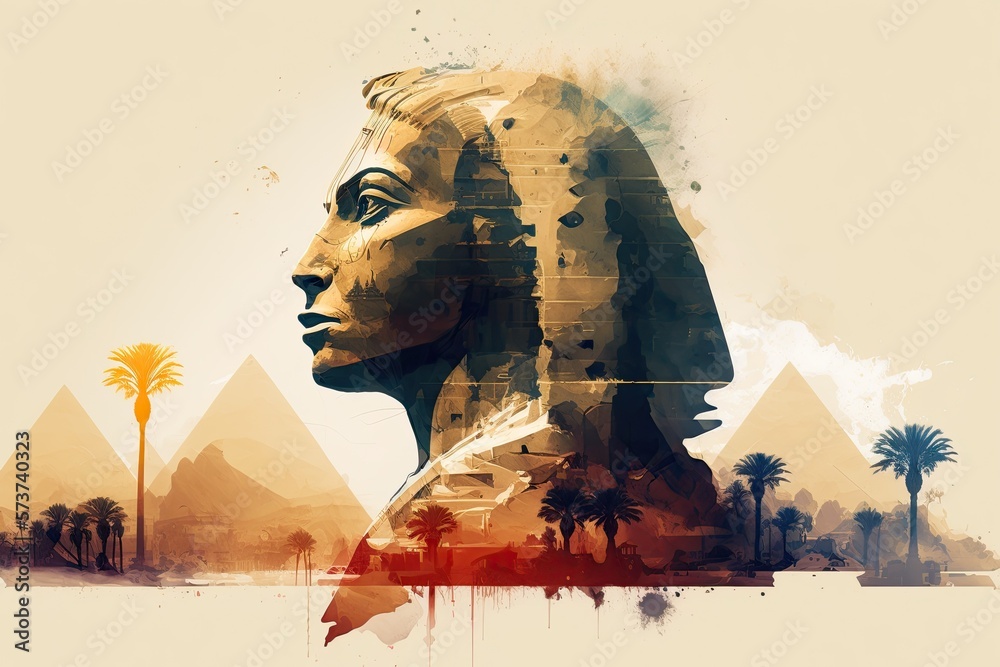 Double exposure, profile of ancient egyptian god, goddess morphing into ...