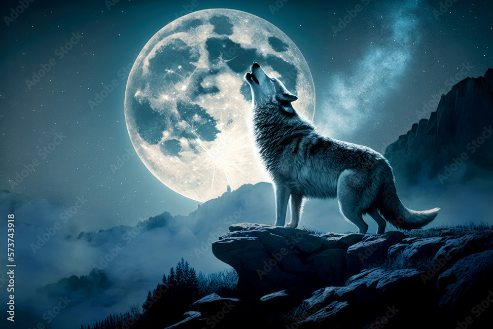 Wolf howling at the moon. Generative AI Stock Illustration | Adobe Stock