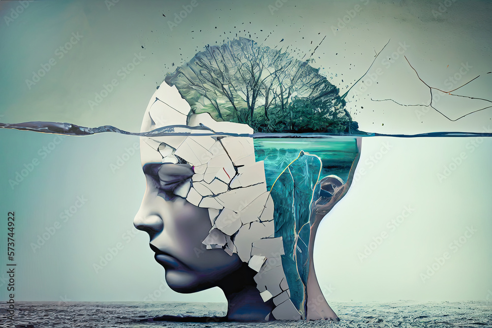 An illustration of a woman's head, shattered and cracked, with ...