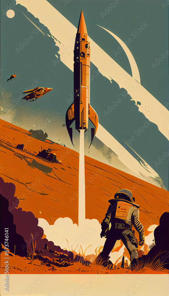 Rocket ship blasting off sci-fi retro classic poster flat vector ...
