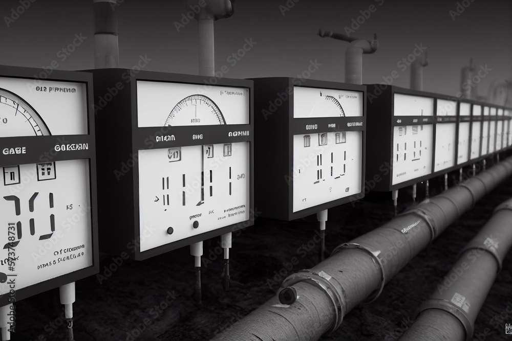 Row of gas pression gauge meters on gas pipeline. Gas extraction ...