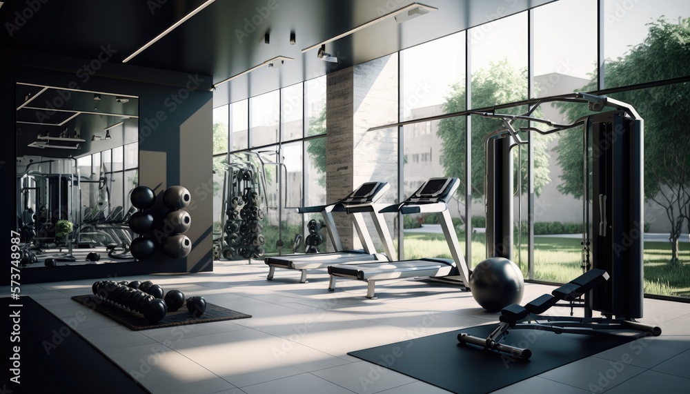 Contemporary spotless fitness gym center interior blurred generative ai ...