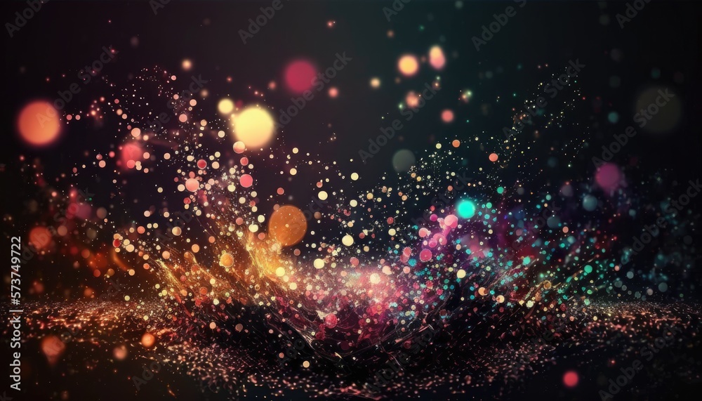 Magical neon background with bokeh and tiny particles, explosion and swirl of sparkles and ...