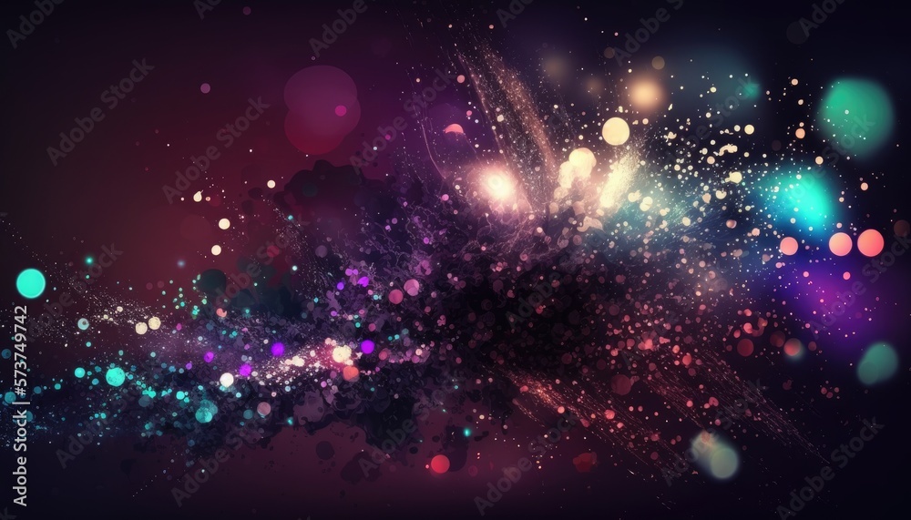 Magical neon background with bokeh and tiny particles, explosion and swirl of sparkles and ...