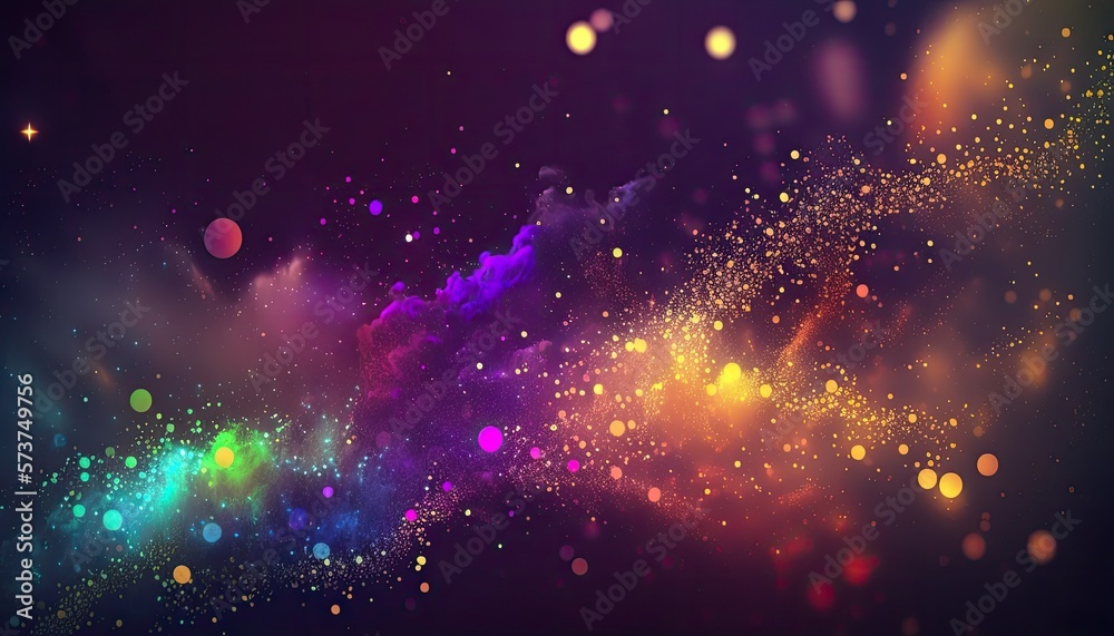 Magical neon background with bokeh and tiny particles, explosion and swirl of sparkles and ...