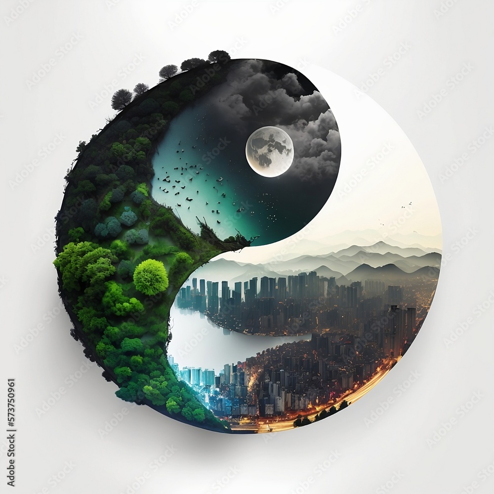 Yin Yang with Nature and Night City - Serene and Balanced Concept Art ...