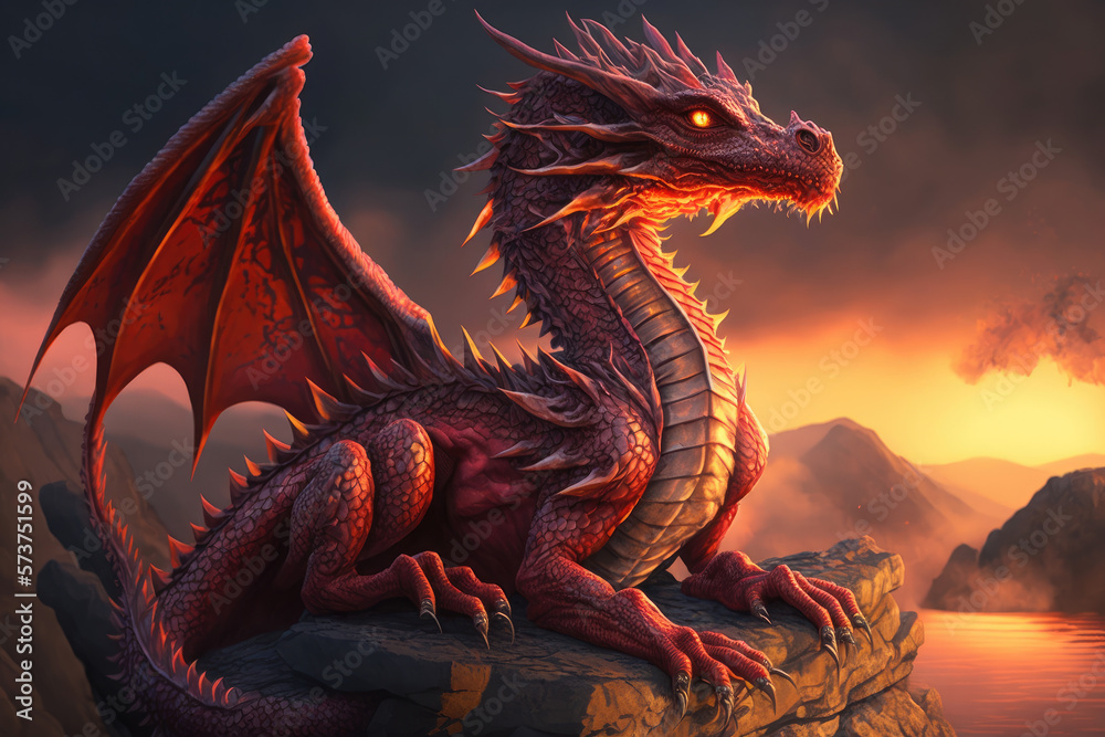 Red giant dragon breathing fire, sitting on a rock. Mythology creature ...