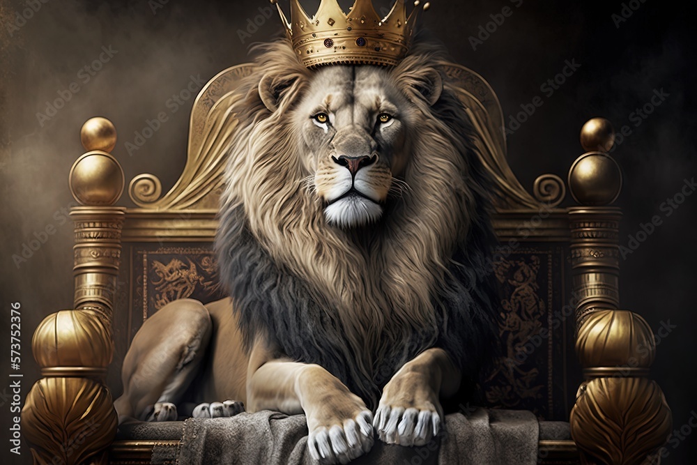 Royal lion wearing a gold crown and red cloak sitting on a golden and ...