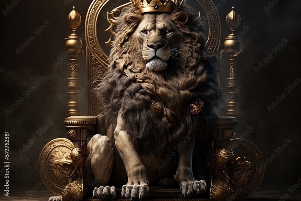 Royal lion wearing a gold crown and red cloak sitting on a golden and ...