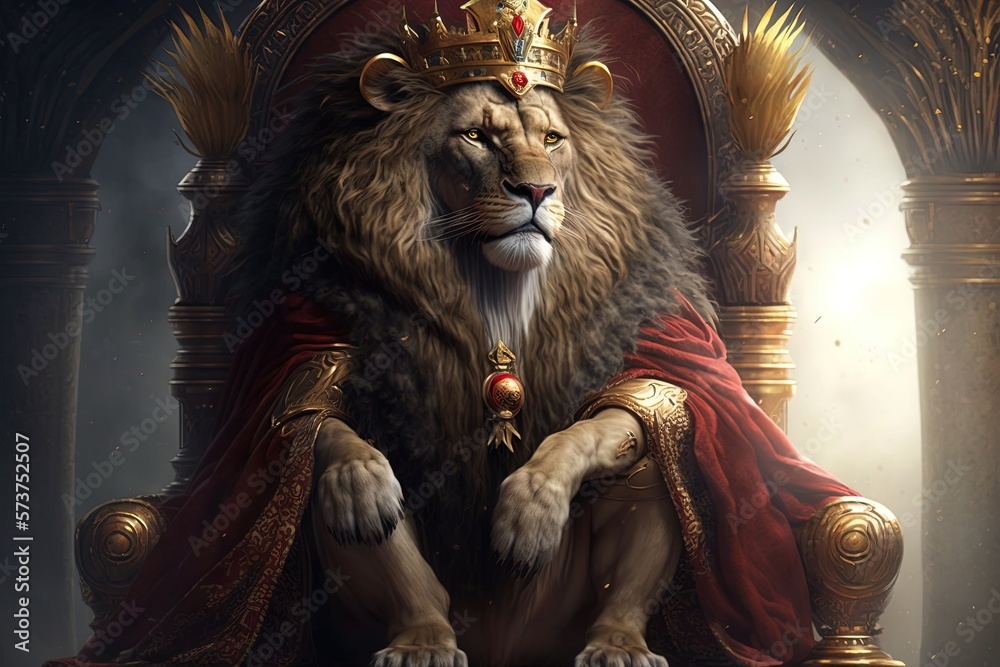 Royal lion wearing a gold crown and red cloak sitting on a golden and ...
