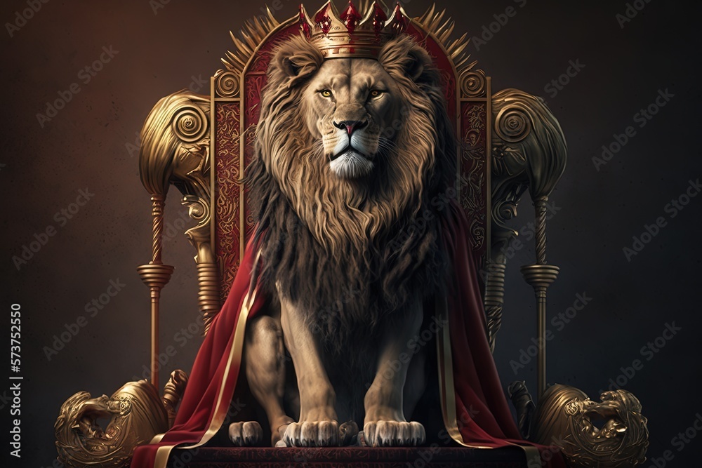 Royal lion wearing a gold crown and red cloak sitting on a golden and ...