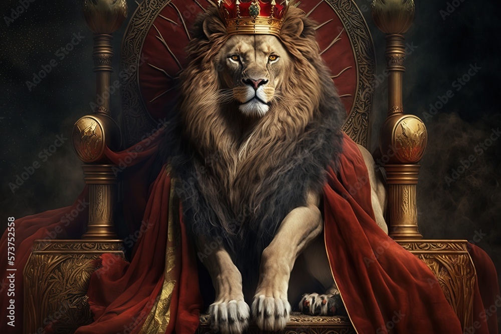 Royal lion wearing a gold crown and red cloak sitting on a golden and ...