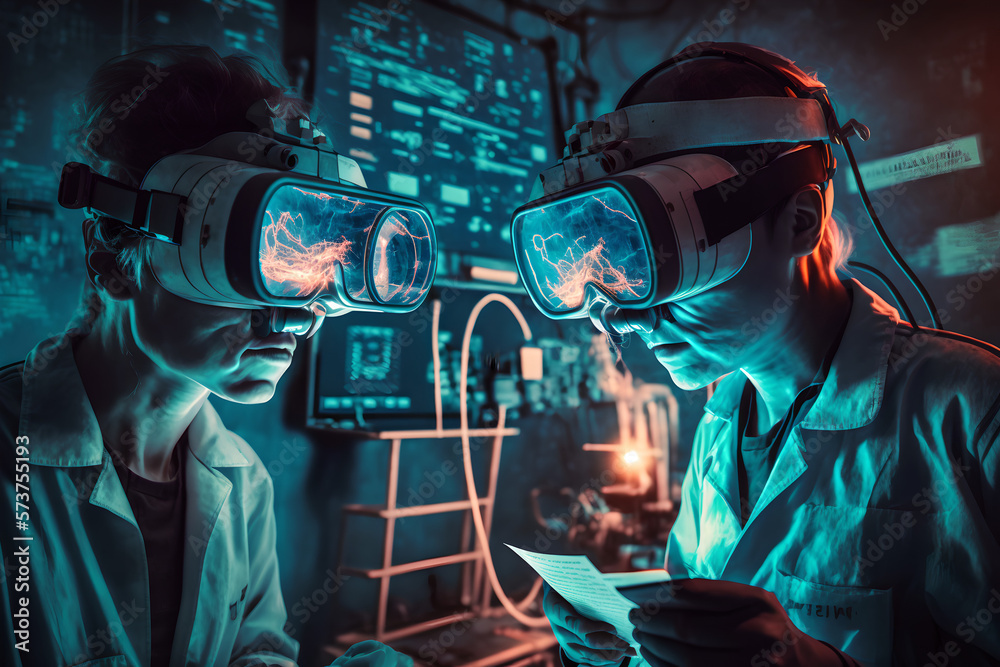 Advanced Scientists using VR 360 goggles to examine and observe their ...