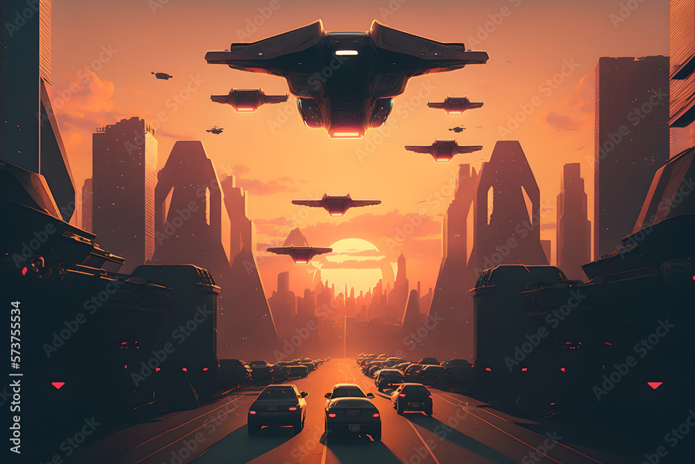 Futuristic flying aircraft, hovering over a future city with ...