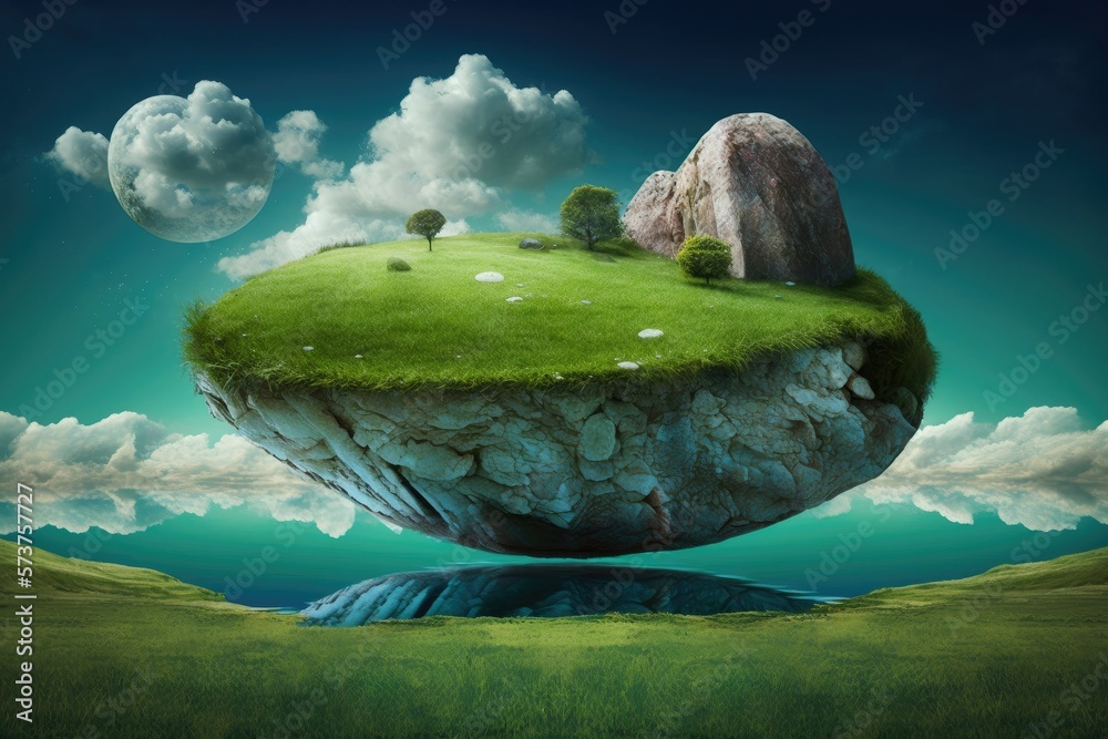 Paradise rock floats above a green field in the sky in this image ...