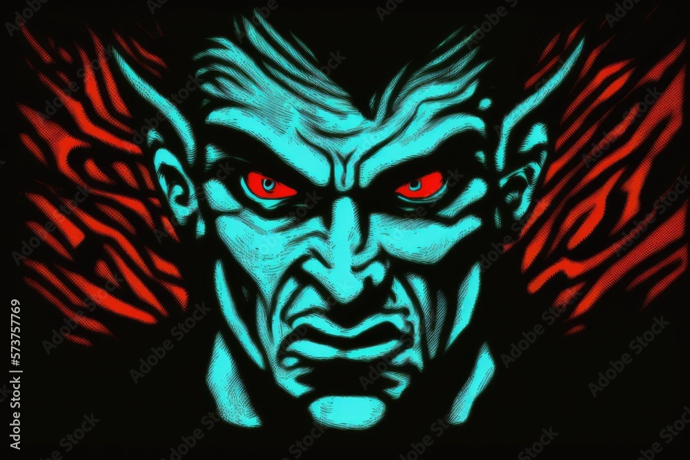Glowing, red eyes on an angry devil's face. Scene from a horror story ...