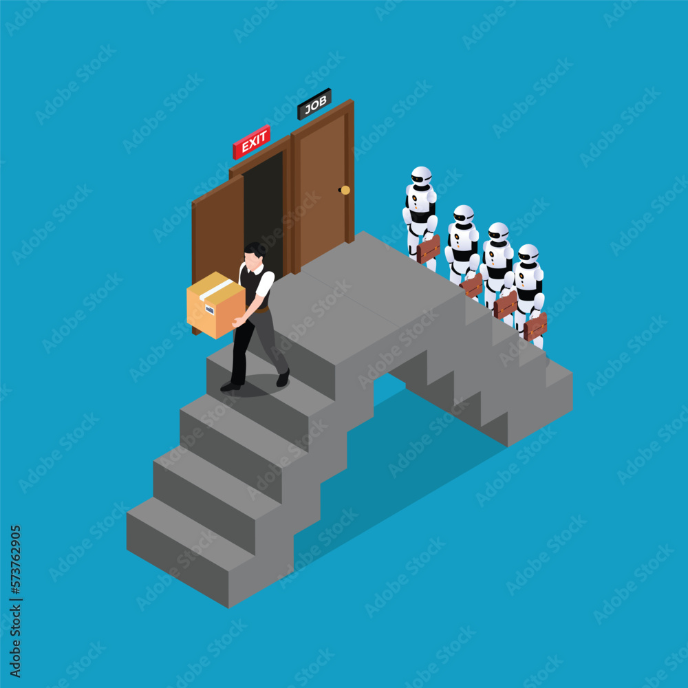 Artificial Intelligence Robots Lining Up Replace Human Employee 3d