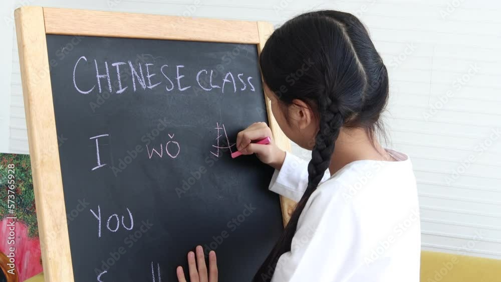 Cute happy Asian girl with long hair braided in pigtails studying ...