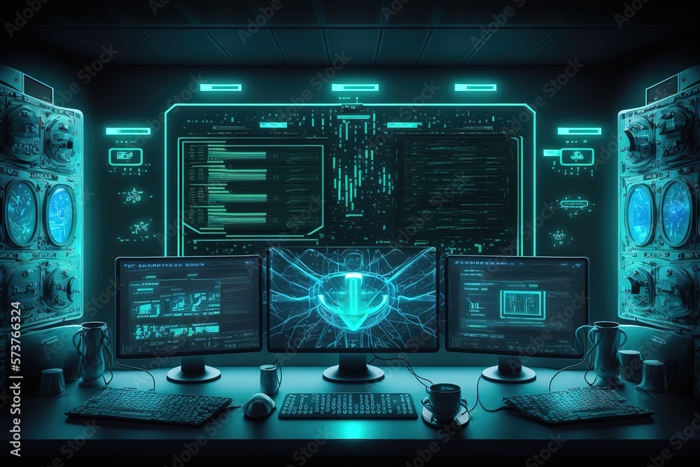 Empty interior of big modern security system control room, workstation ...