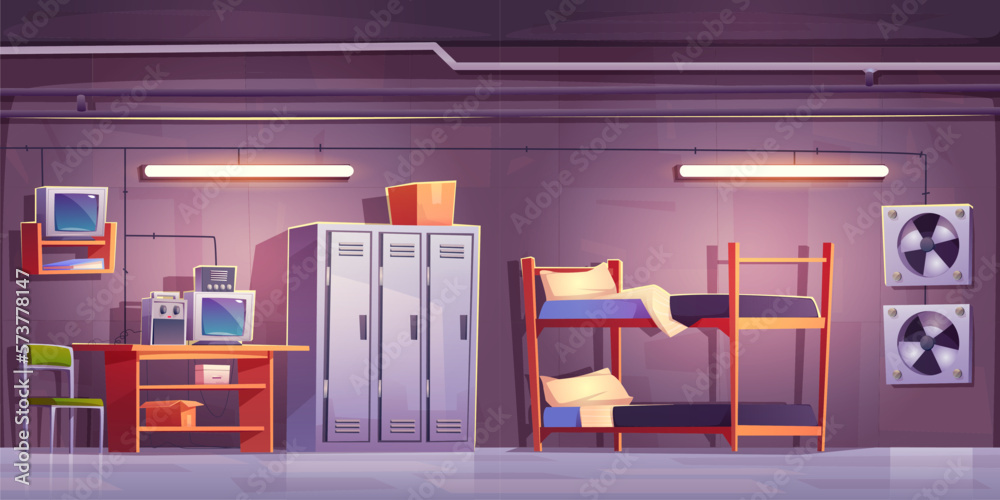 Secret underground safety shelter room interior cartoon game background ...