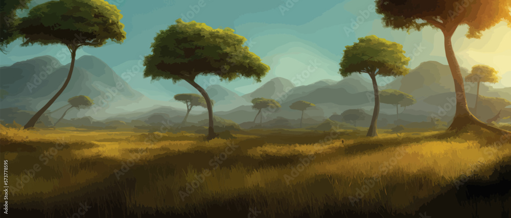 African savanna. Grass, acacia trees and river. Realistic vector ...