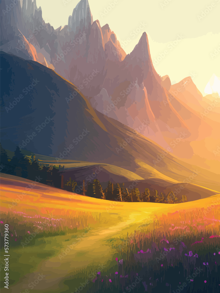 Spring landscape with trees, mountains, fields, leaves. Vector ...