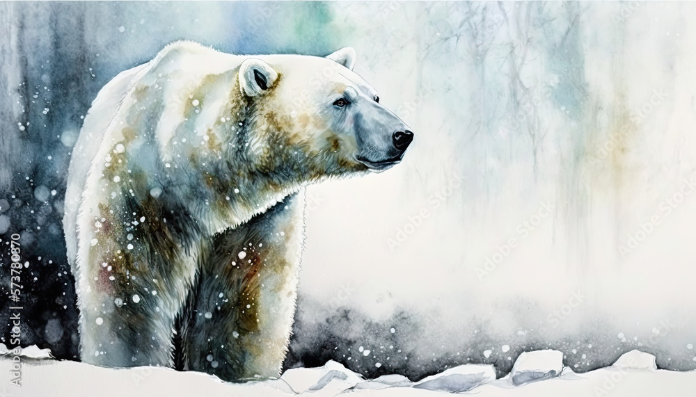 Dramatic Polar Bear Portrait Watercolor Vibrant Art for postcard or ...