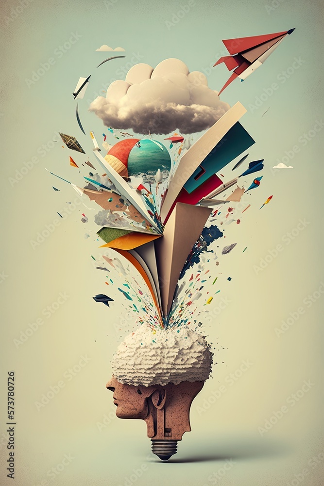 Knowledge and ideas in the human head - Illustration, education collage ...