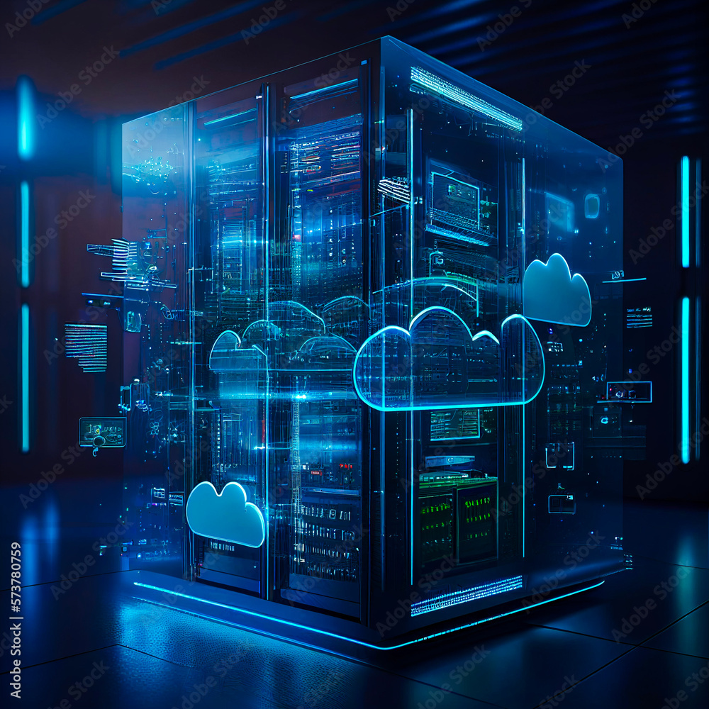 Cloud computing illustration featuring a server rack, servers, and ...