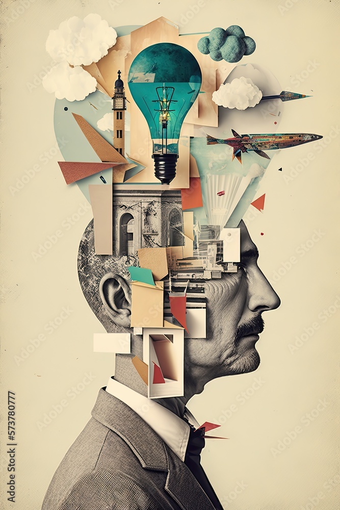 Knowledge and ideas in the human head - Illustration, education collage ...