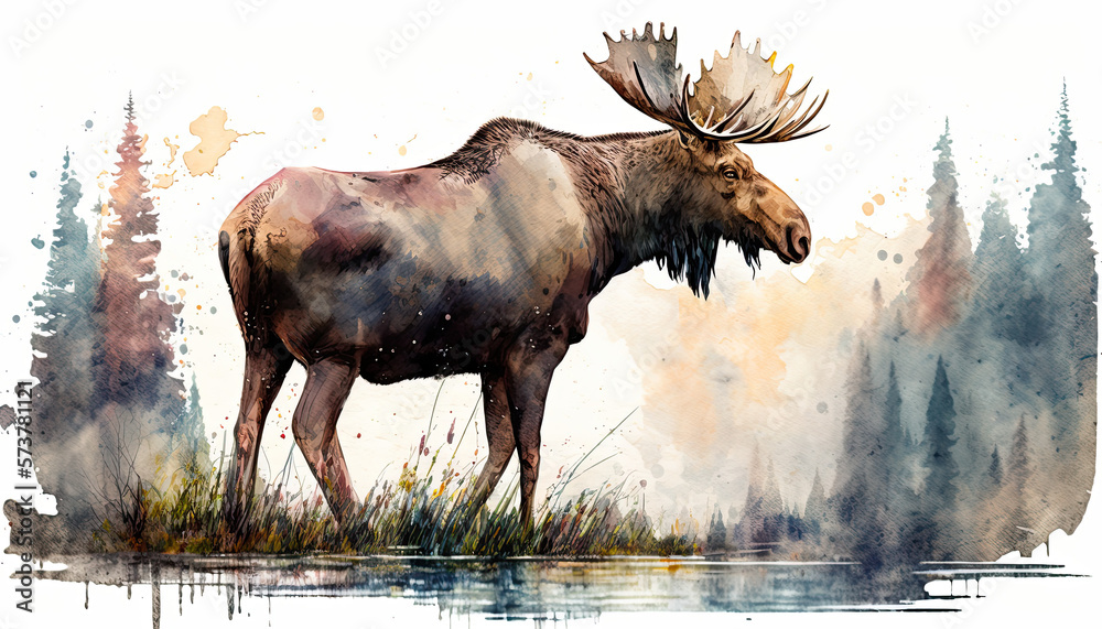 Moose Watercolor Vibrant Art for postcard or poster in forest wild ...