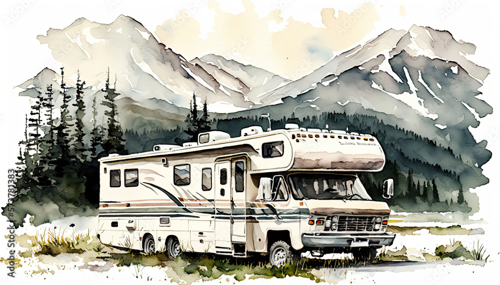RV Motorhome parked camping Watercolor Vibrant Art for postcard or ...