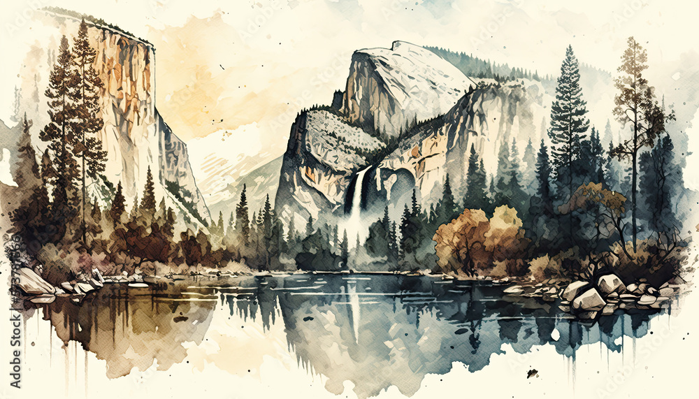 Yosemite Valley in Watercolor Painting with Half Dome, Waterfall and El ...