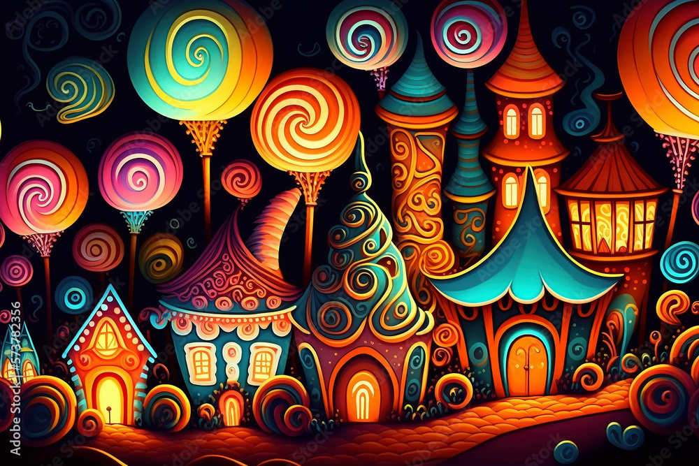 Bright, vibrant city candyland wonderland at night cartoon fairytale ...