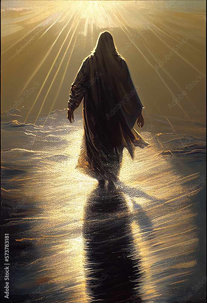 Watercolour drawing of silhouette of Jesus in a bath of ray light ...